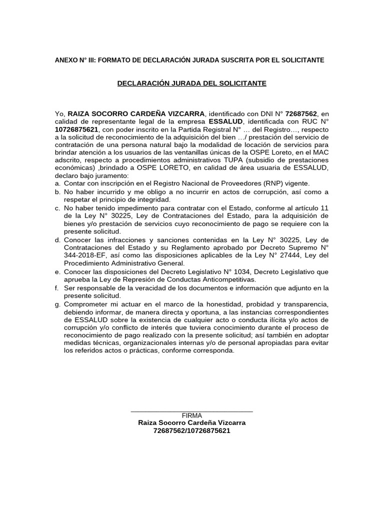 ANEXO N III Declaración Jurada - Reconocimiento de Deuda Dic2024 | PDF