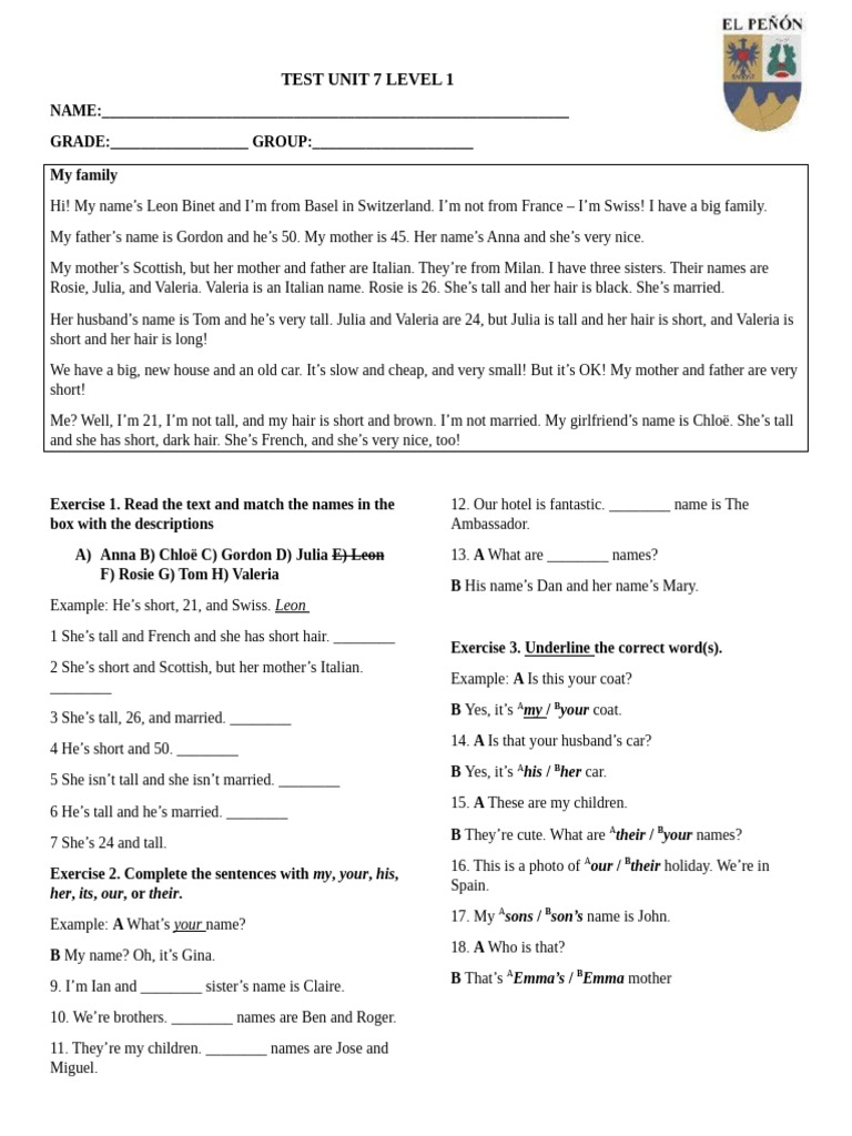 TEST UNIT 7 LEVEL 1 | PDF