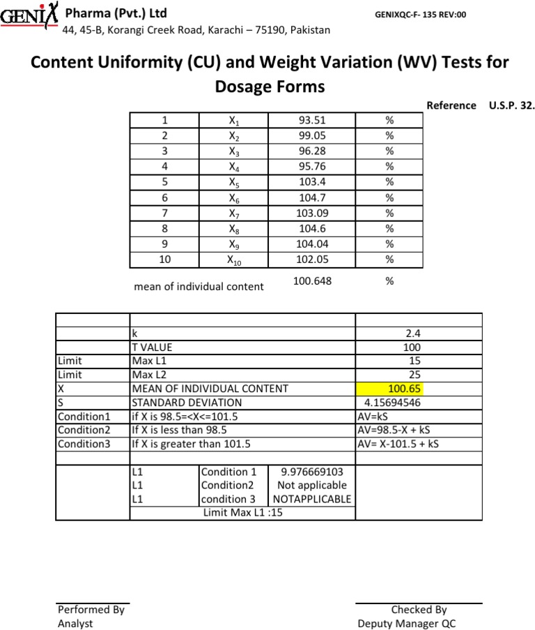 Calculation of Uniformity of Dosage Units Final | PDF