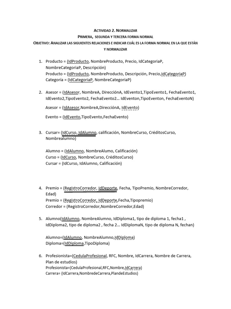 Ejercicios Normalizacion (1FN, 2FN y 3FN) - Solución | PDF