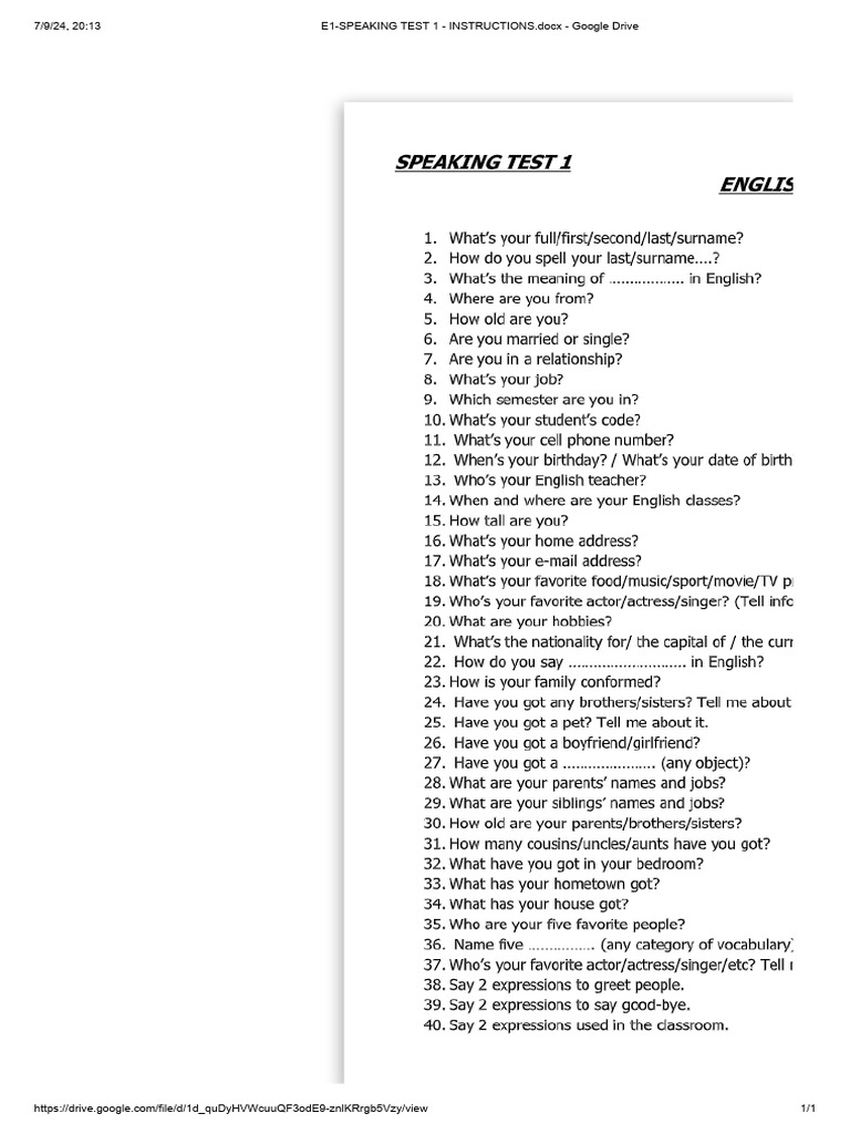 E1-Speaking Test 1 - Instructions - Docx - Google Drive | PDF