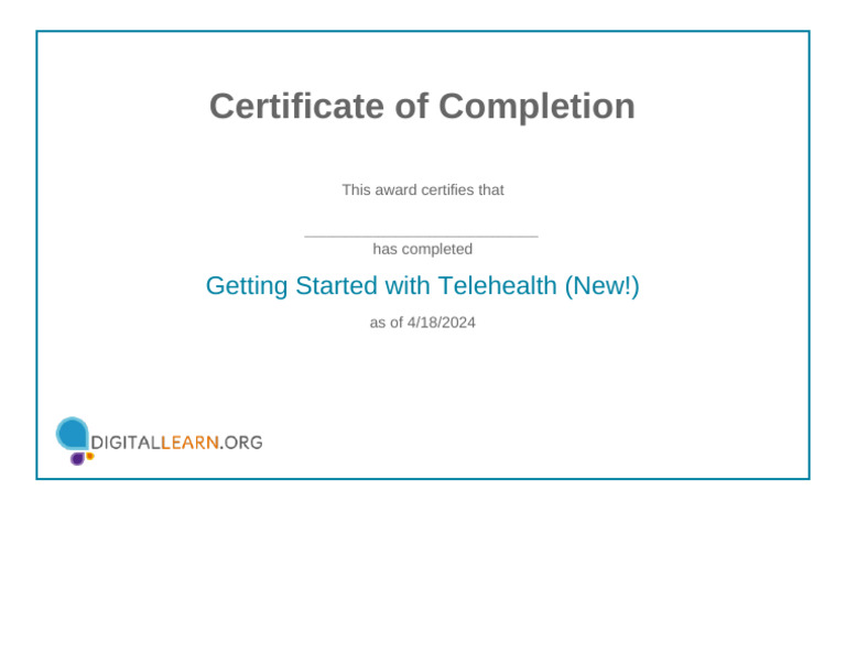 Getting Started with Telehealth (New!) completion certificate | PDF Getting Started with Telehealth (New!) completion certificate | PDF