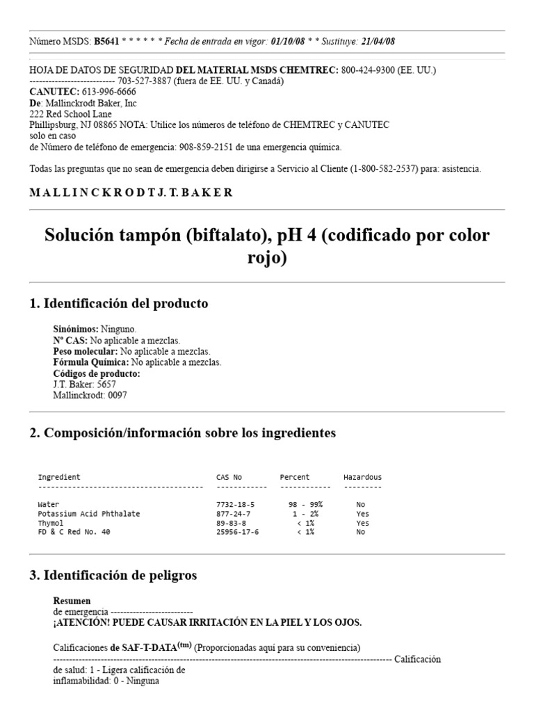 Solución Tampón (Biftalato), PH 4 Hoja Seguridad | PDF