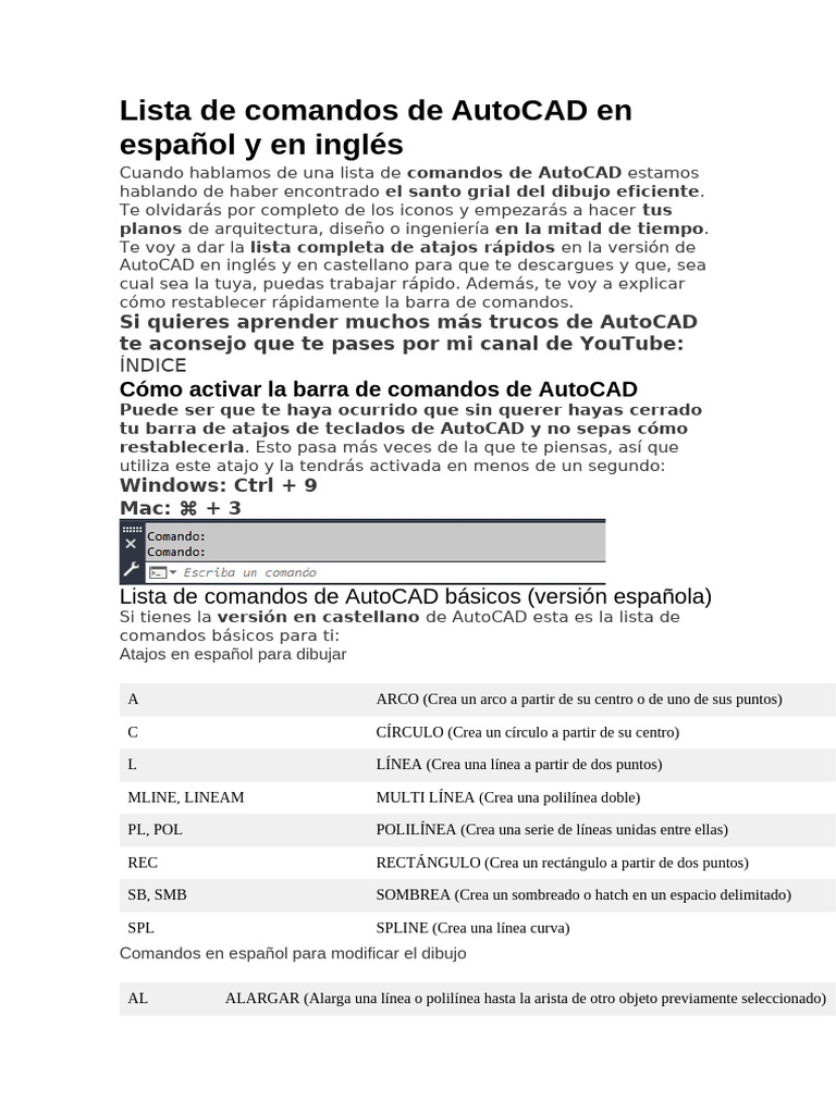 Lista de Comandos de AutoCAD en Español y en Inglés | PDF | Cad ...