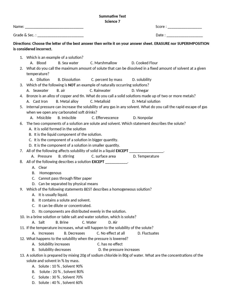 Science 7 Summative Test on Solutions | PDF | Solubility | Water