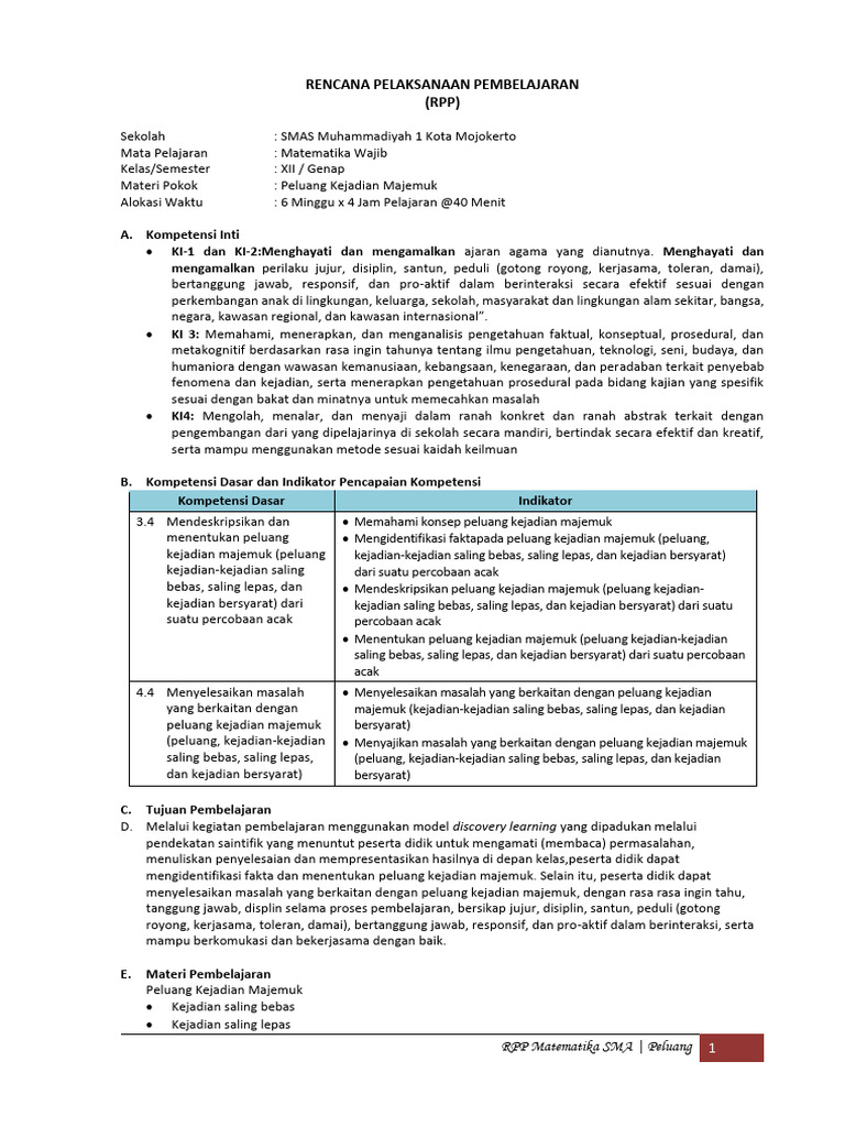 RPP Mat Wajib Xii Peluang | PDF