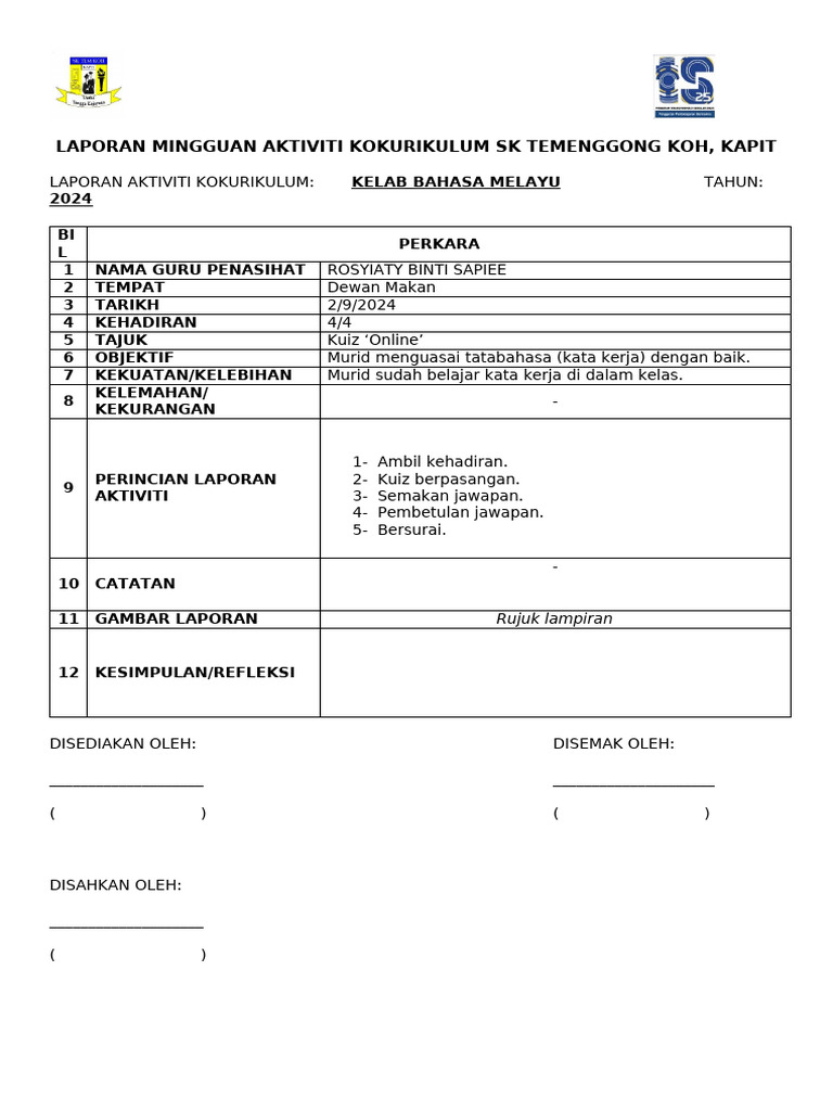 Laporan Aktivit Kokurikulum (Mingguan) 2024 | PDF