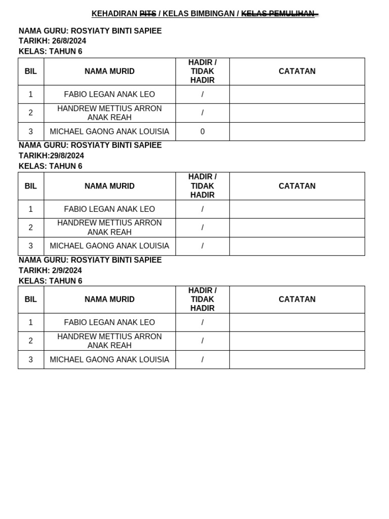 BORANG KEHADIRAN MURID | PDF