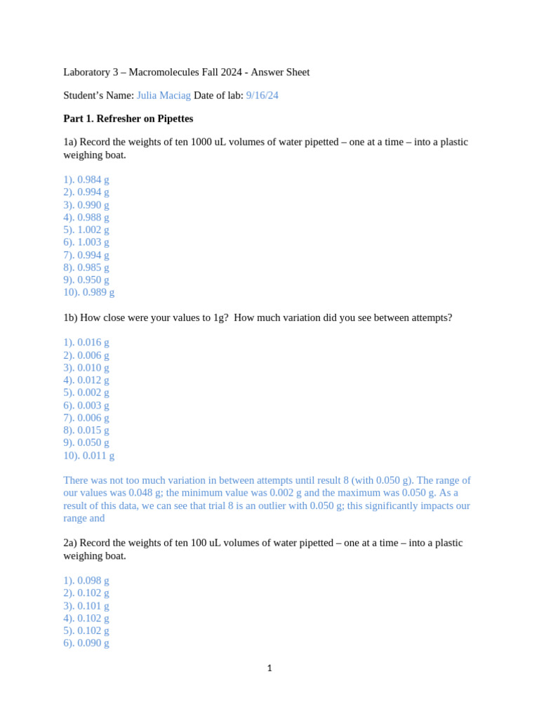 Lab 3 Macromolecule Answer Sheet 2024 (1) | PDF