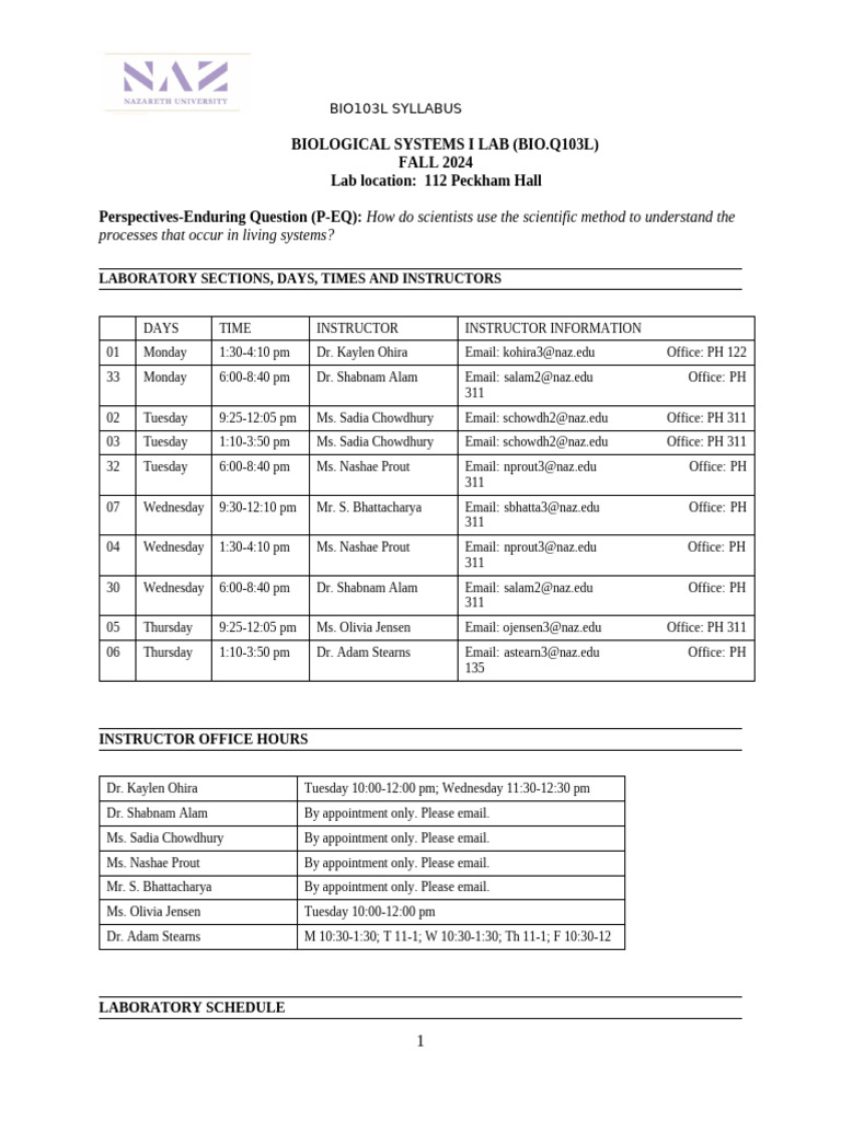 BIO103L Syllabus Fall 2024 | PDF