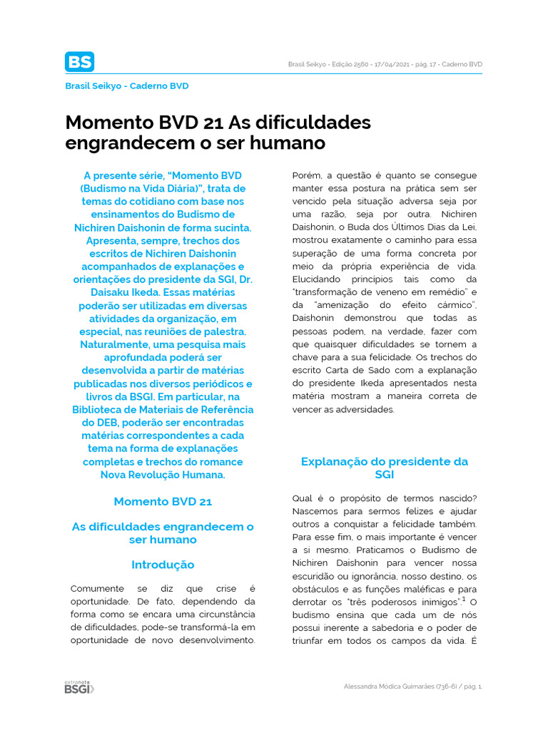 Momento BVD 21 As Dificuldades Engrandecem o Ser Humano | PDF