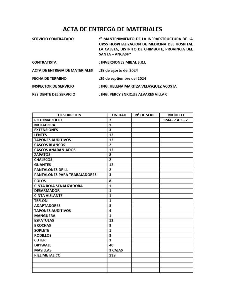 Acta de Entrega de Materiales | PDF