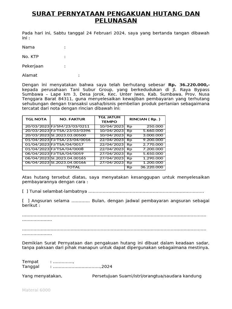 Surat Pernyataan Pengakuan Hutang | PDF