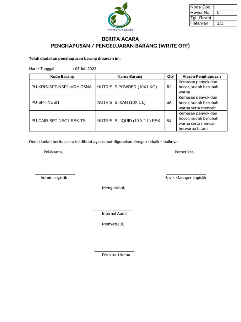 Berita Acara Penghapusan Barang | PDF
