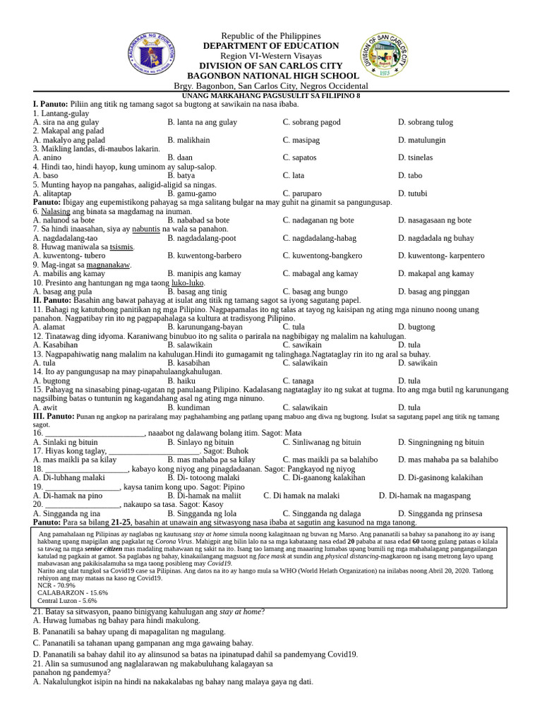 First Periodical Test.filipino | PDF