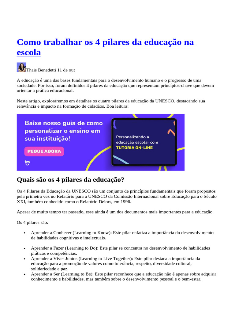 Como Trabalhar Os 4 Pilares Da Educação Na Escola | PDF | Aprendizado ...