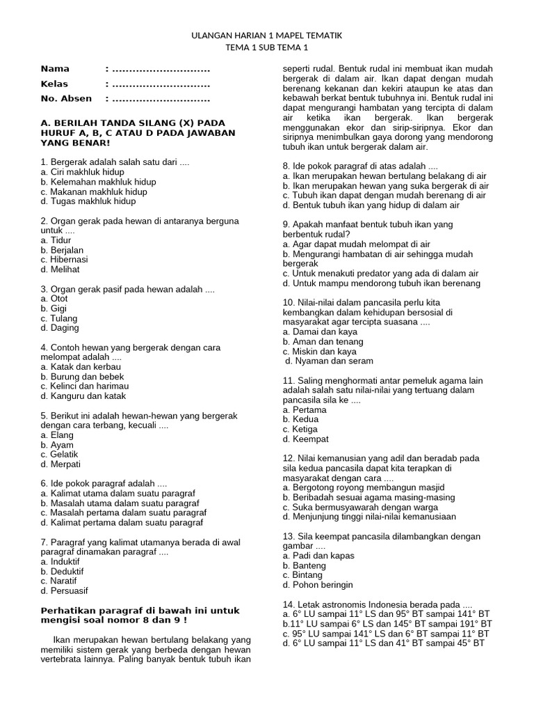 Soal tema 1 sub tema 1 FIX | PDF
