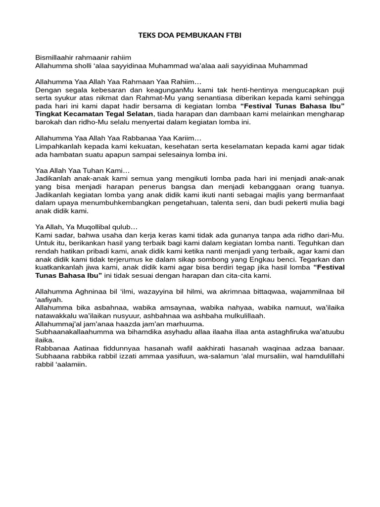Teks Doa Pembukaan Lomba Ftbi | PDF