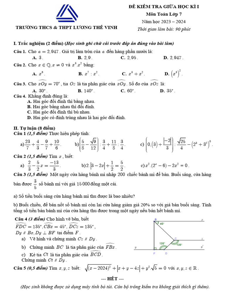 De Giua Hoc Ki 1 Toan 7 Nam 2023 2024 Truong Luong The Vinh Ha Noi | PDF