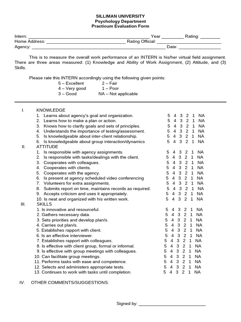Practicum Evaluation Form | PDF | Cognitive Science | Psychological ...