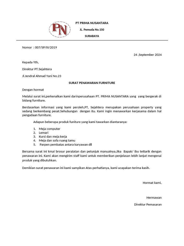 Surat Penawaran PT - Prima, Dina | PDF