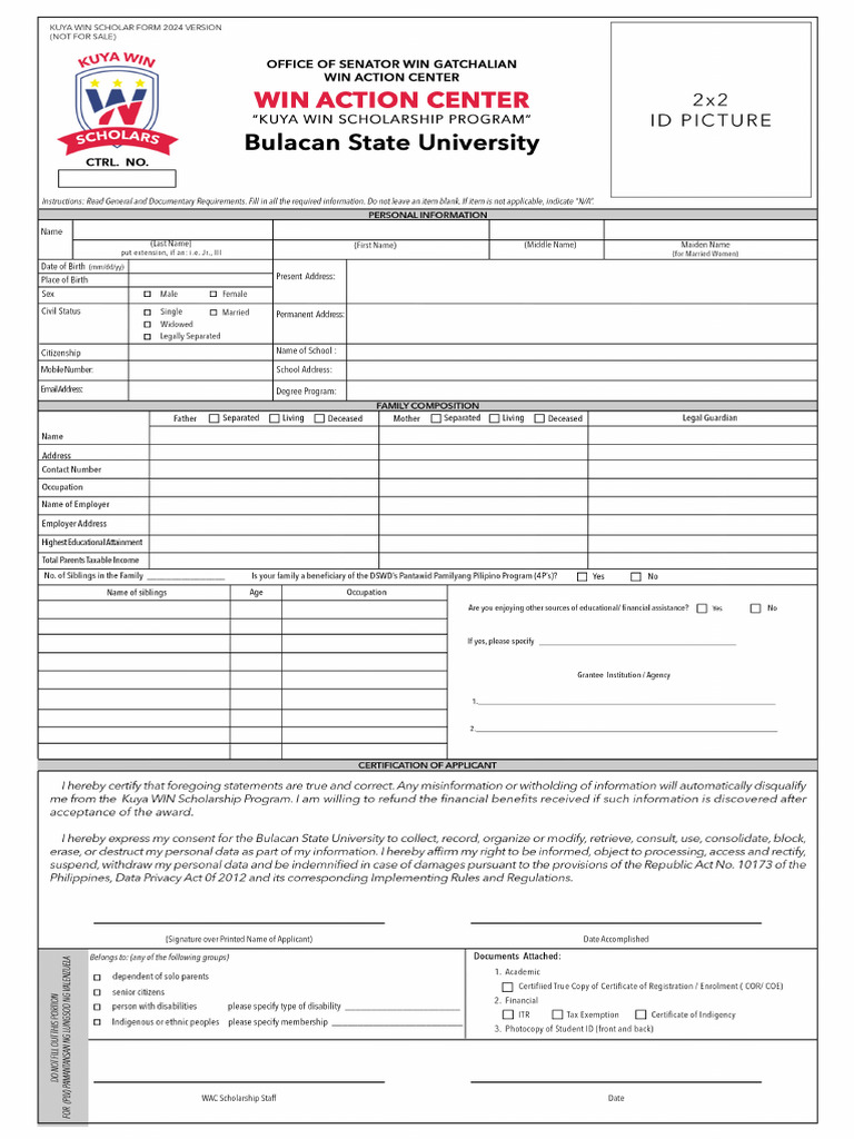 Kuya WIN Scholar Form-Bulacan State University - 2024 | PDF