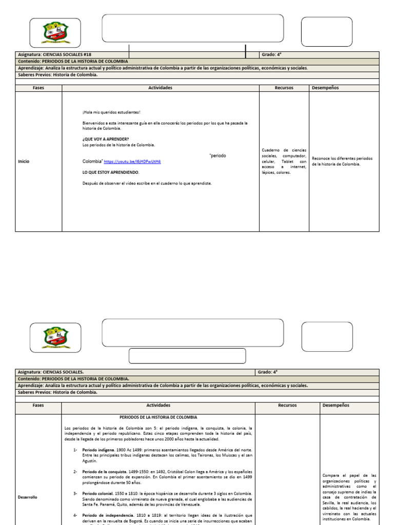 GUIA DE CLASES #18 PERIODOS DE LA HISTORIA DE COLOMBIA. Meris Madelsia Perez Llerena | PDF