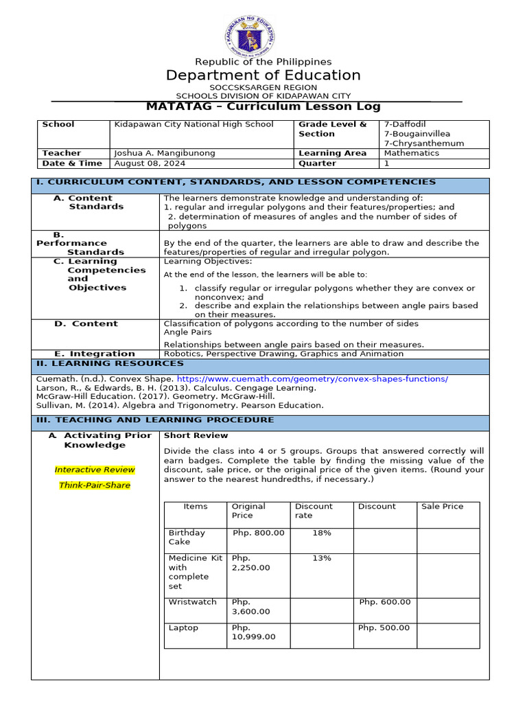 Q1 DLL 7 Adjacent Linear Pair and Vertical Angles | PDF