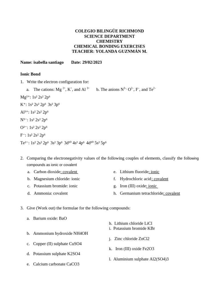 Exercises Ionic and Covalent Bonding Exercises | PDF | Sulfate ...