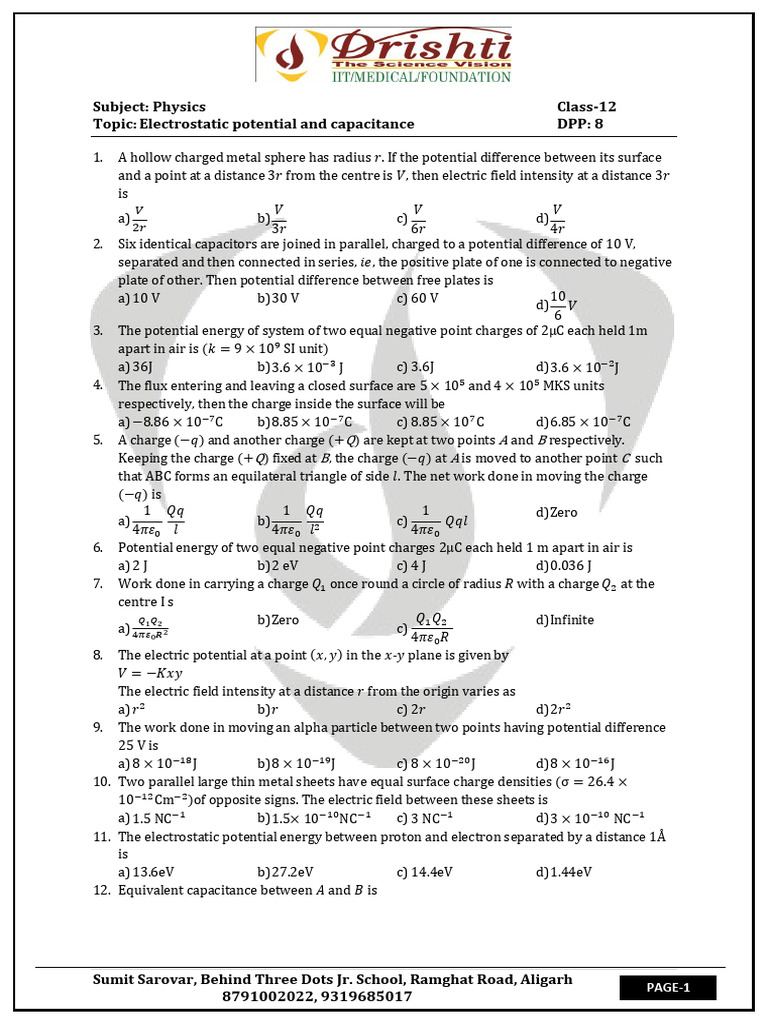 Electrostatics DPP 5 | PDF