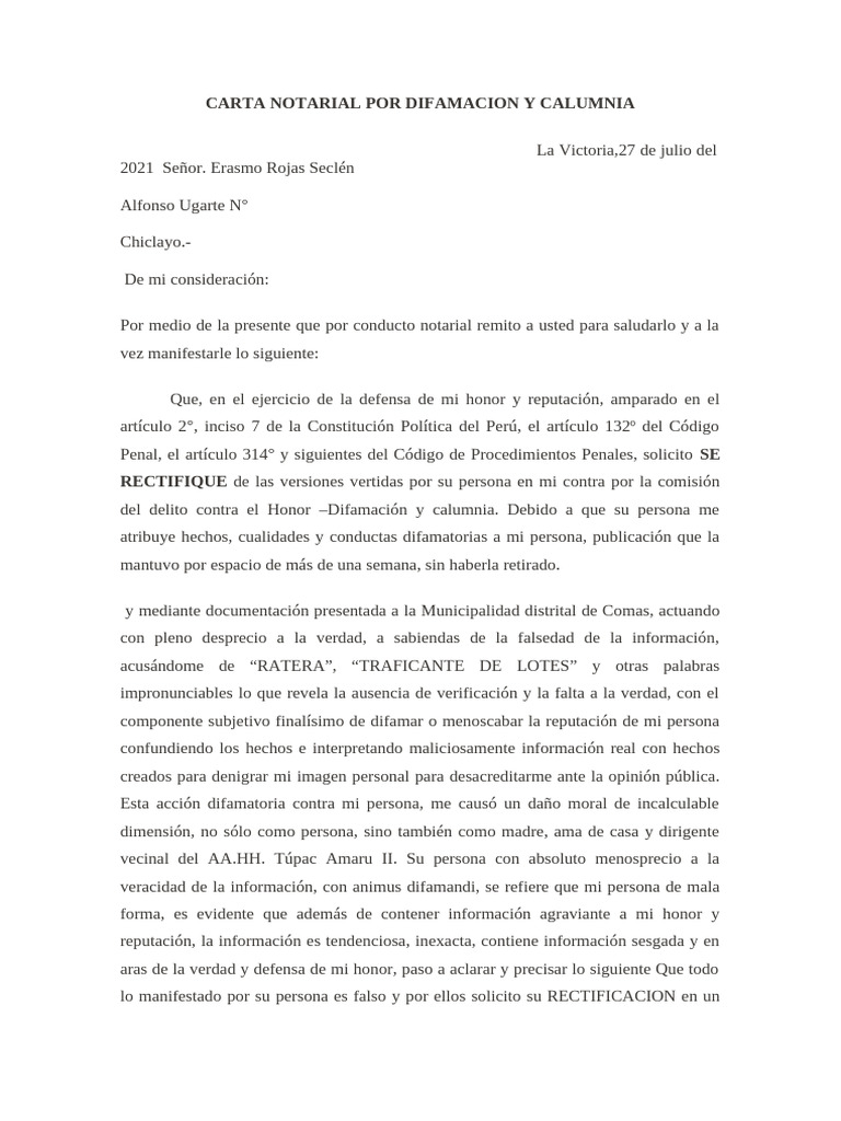 Carta Notarial Por Difamacion y Calumnia | PDF