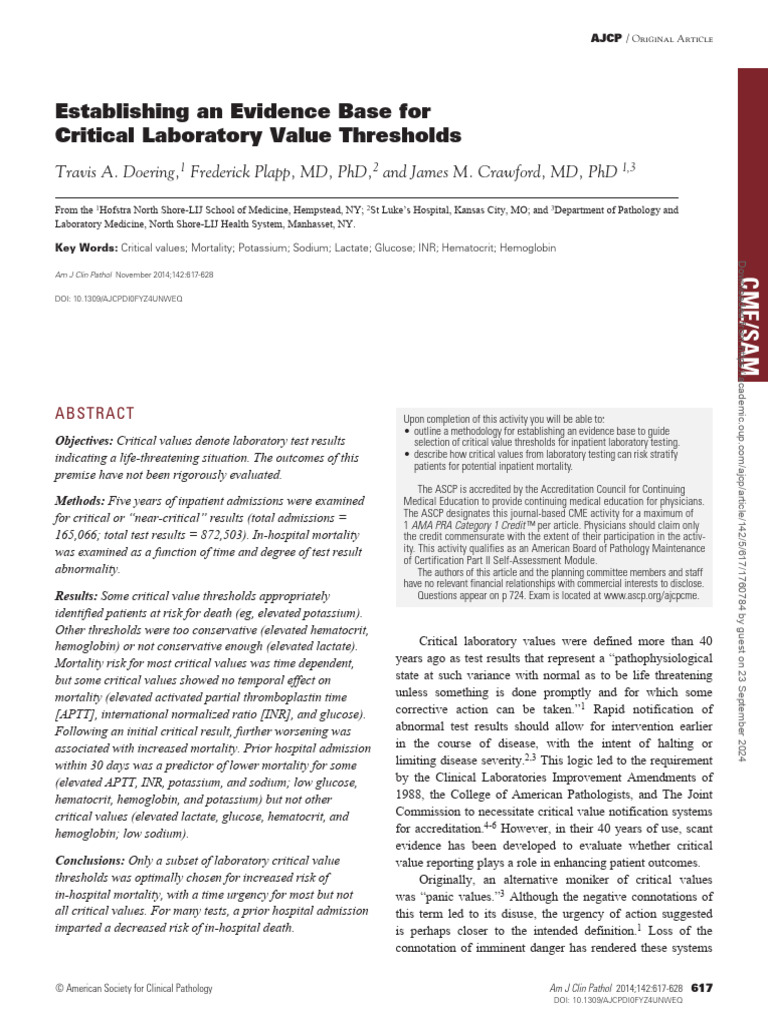 Establishing An Evidence Base For Critical Lab Value Thresholds | PDF ...
