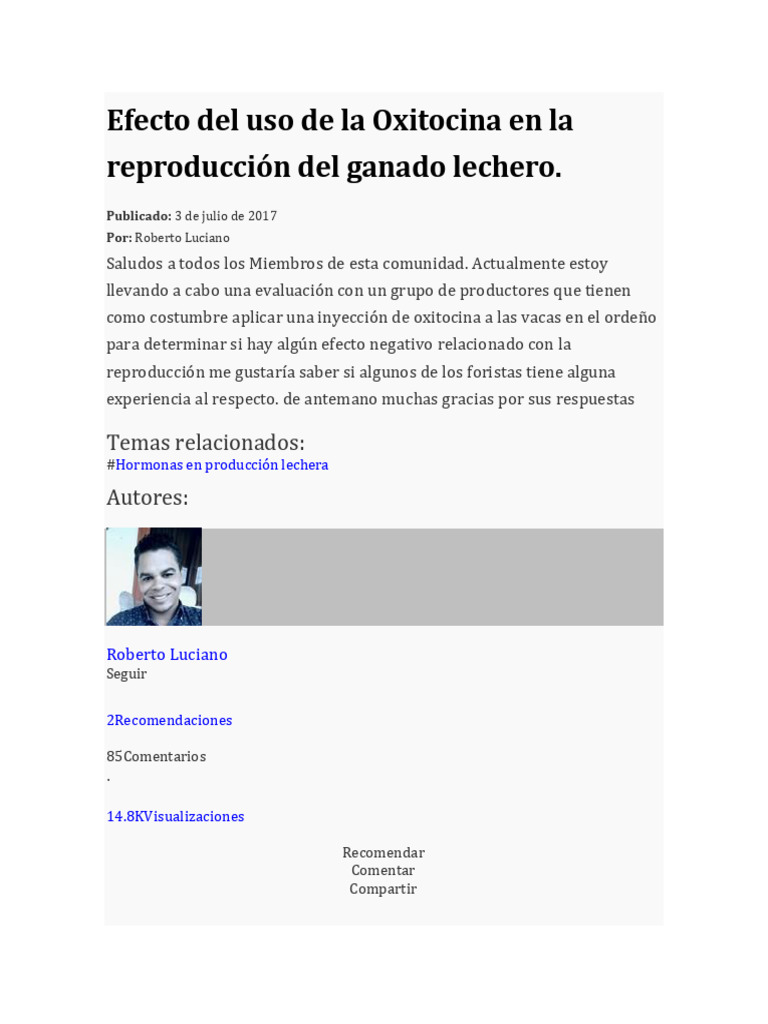 Efecto Del Uso de La Oxitocina en La Reproducción Del Ganado Lechero | PDF | Vacas | Salud y ...