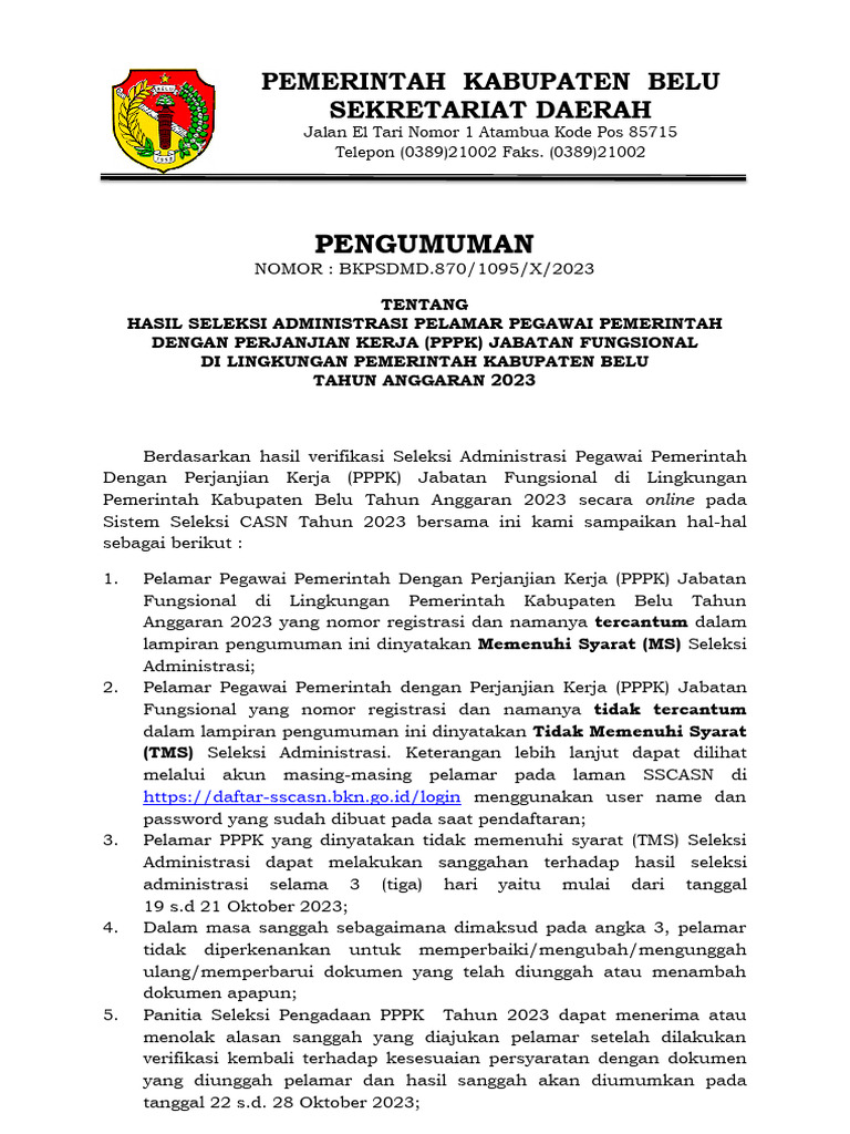 Pengumuman Hasil Seleksi Administrasi PPPK Lingkup Pemkab Belu Tahun ...