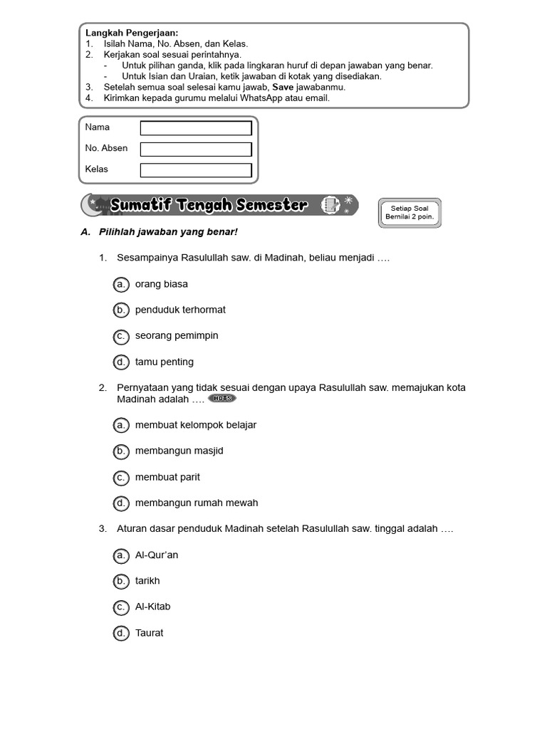MI Fajar 5 Sejarah Kebudayaan Islam Sumatif Tengah Semester | PDF