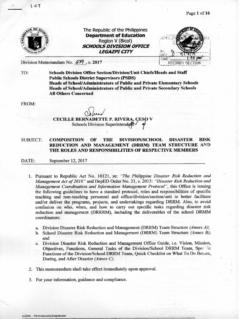 Div Memo No 279 S 2017 Composition DRRM) Team Structure PDF | PDF