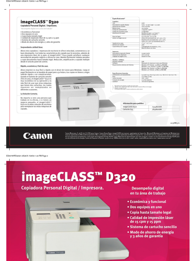 Hoja Producto imageCLASS D320 | PDF | Impresora (Computación) | Microsoft Windows