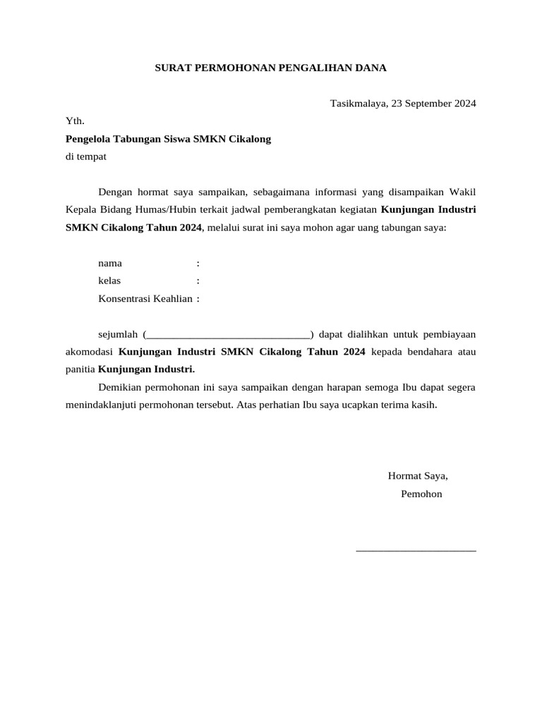 Surat Permohonan Pengalihan Dana | PDF