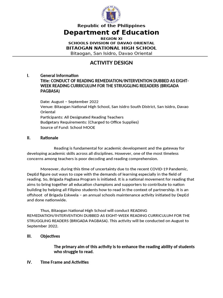 Brigada Pagbasa Activity Design 2022 2023 | PDF