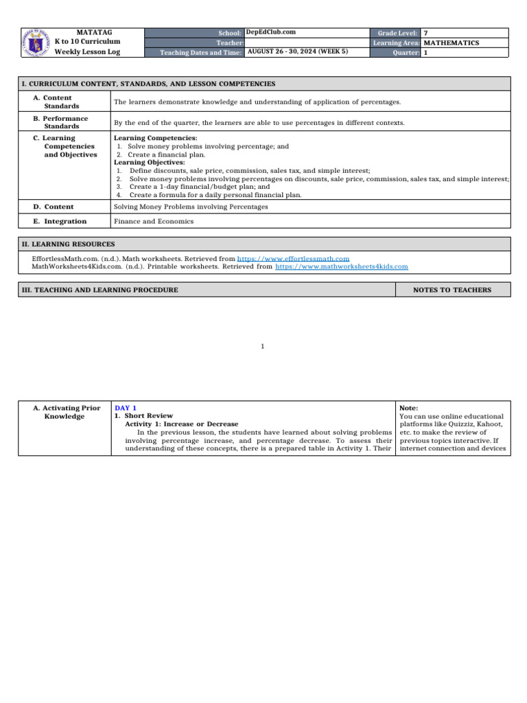 DLL Matatag - Math 7 Q1 W5 | PDF