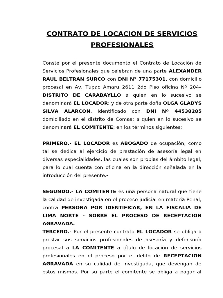 Contrato de Locacion de Servicios (Clienta Olga, Mama de Bebe) | PDF