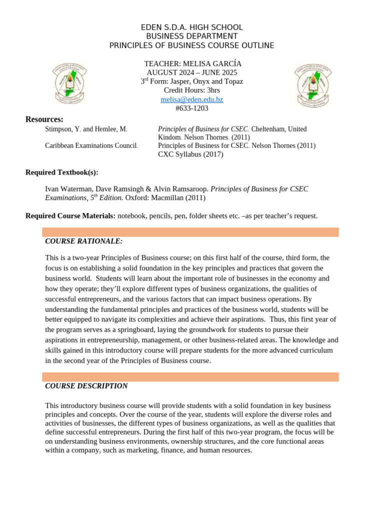Third Form Principles of Business Course Outline by Melisagarcia 2024 ...