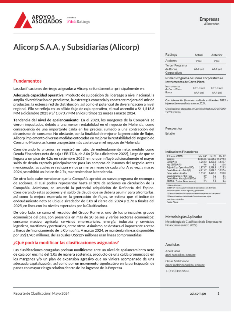 Apoyo - Informe Calificación Alicorp | PDF