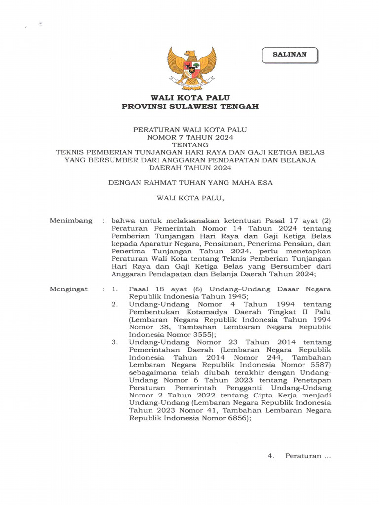 Salinan Perwali No 7 Tahun 2024 | PDF