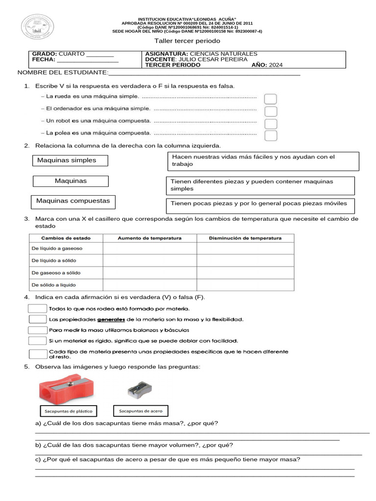 Taller Tercer Periodo Naturales - 4°.. | PDF