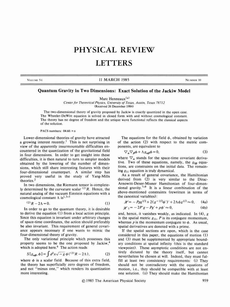 Henneaux - 1985 - Quantum Gravity in Two Dimensions Exact Solution ...