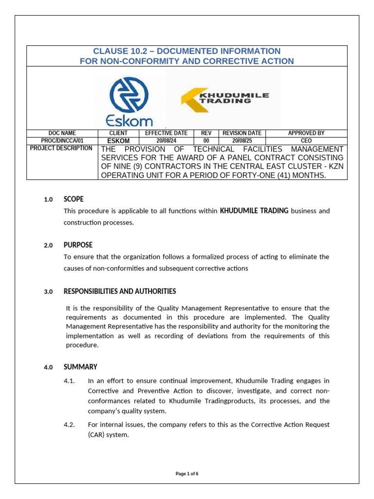 A6. DOCUMENTED INFORMATION FOR NON-CONFORMITY AND CORRECTIVE ACTION | PDF