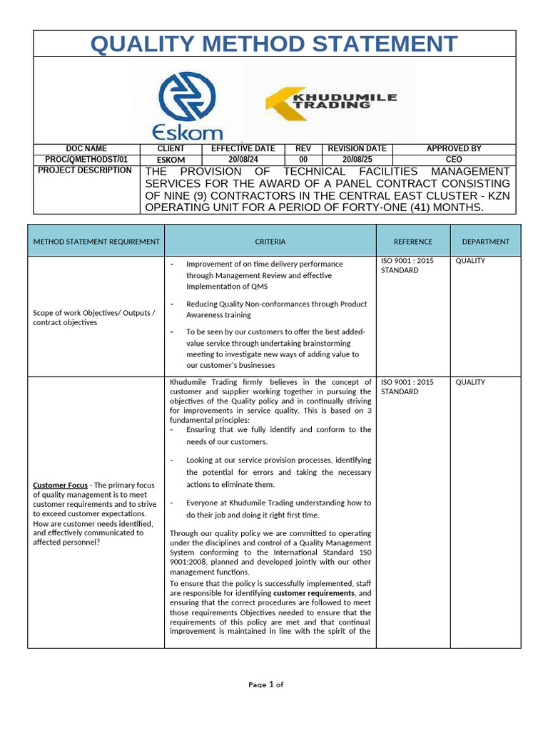 A1. Quality Method Statement | PDF