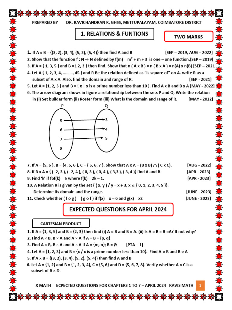 X Math Expected Questions For April 2024 Chapters 1 To 7 | PDF | Function (Mathematics) | Analysis