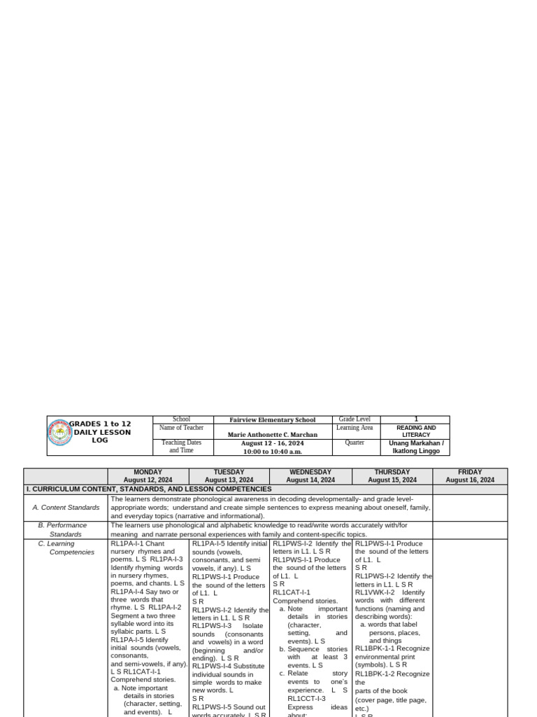Reading and Literacy Week 3 | PDF | Word | Consonant